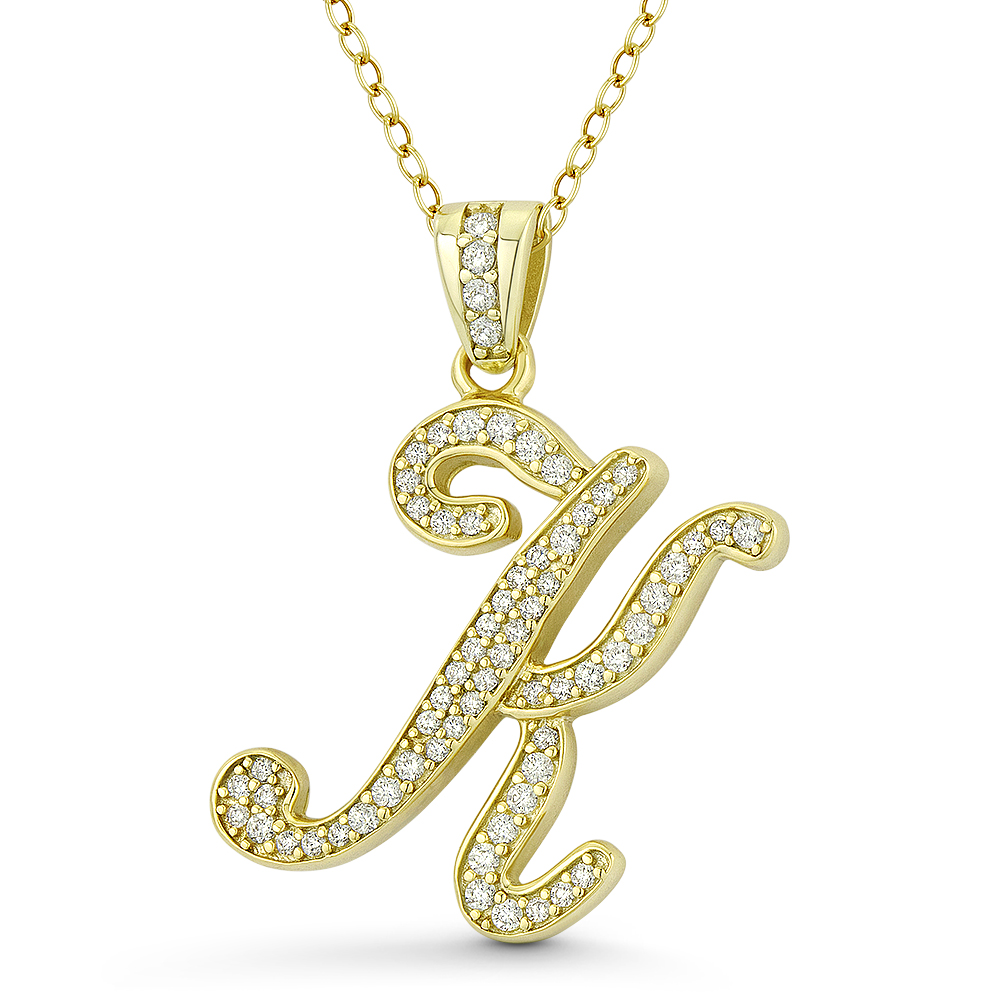 Initial Letter "K" Cursive Script CZ Crystal .925 Sterling Silver 14k ...
